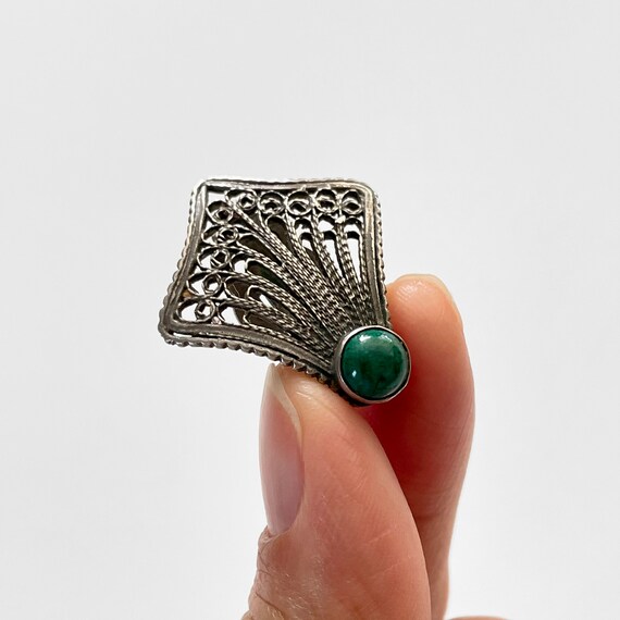 Vintage, Silver-Toned, Filigree, Green, Stone, Brooch… - Gem