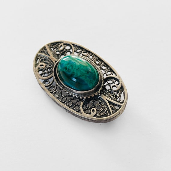 Vintage, Silver-Toned, Filigree, Green, Stone, Brooch… - Gem