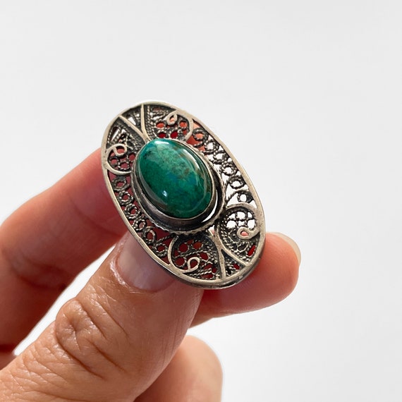 Vintage, Silver-Toned, Filigree, Green, Stone, Brooch… - Gem