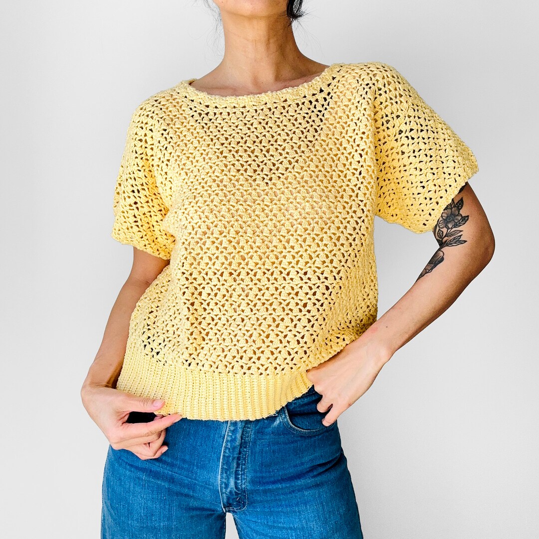 Vintage, 70s, 1970s, 80s, 1980s, Canary, Yellow, Short Sleeve, Knit ...