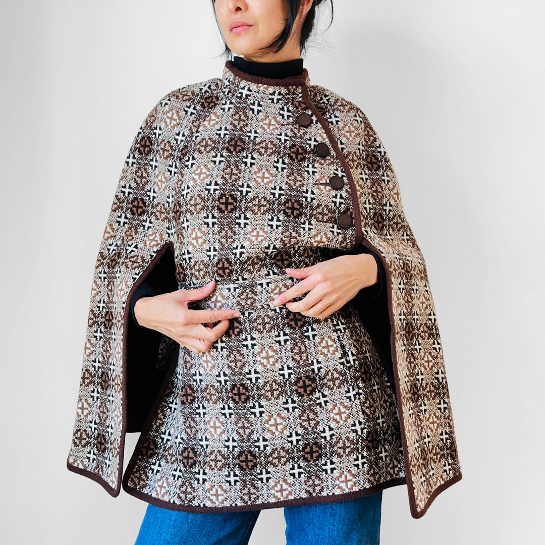 Vintage, 60s, 70s, Brown and Cream, Welsh, Wool, Belted, Patterned ...
