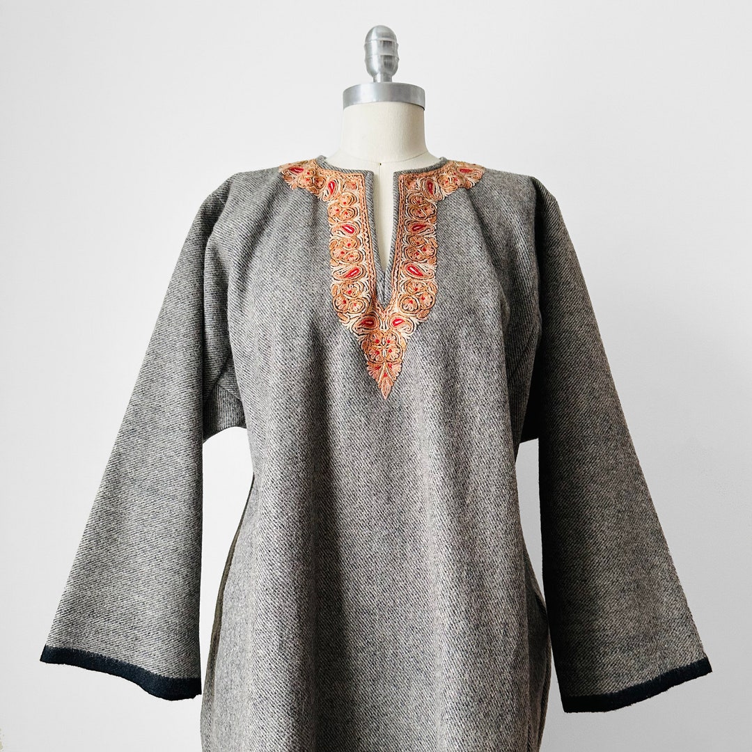 Vintage, 70s, 1970s, Grey, Embroidered, Heavy, Wool, Tunic, Dress - Sz ...