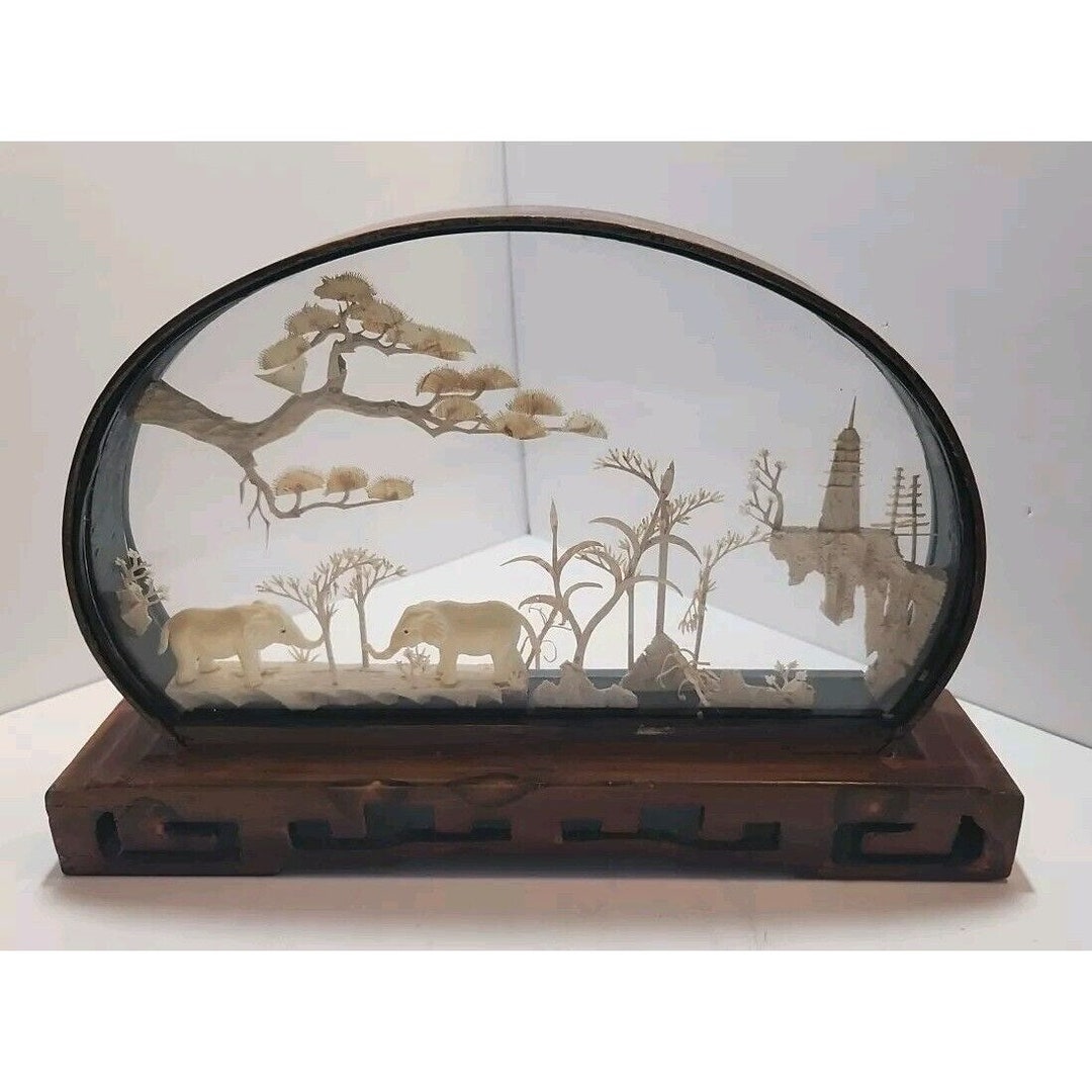 Vtg Asian Cork Carving Diorama W/elephants & Trees in Display Case 12.5 ...