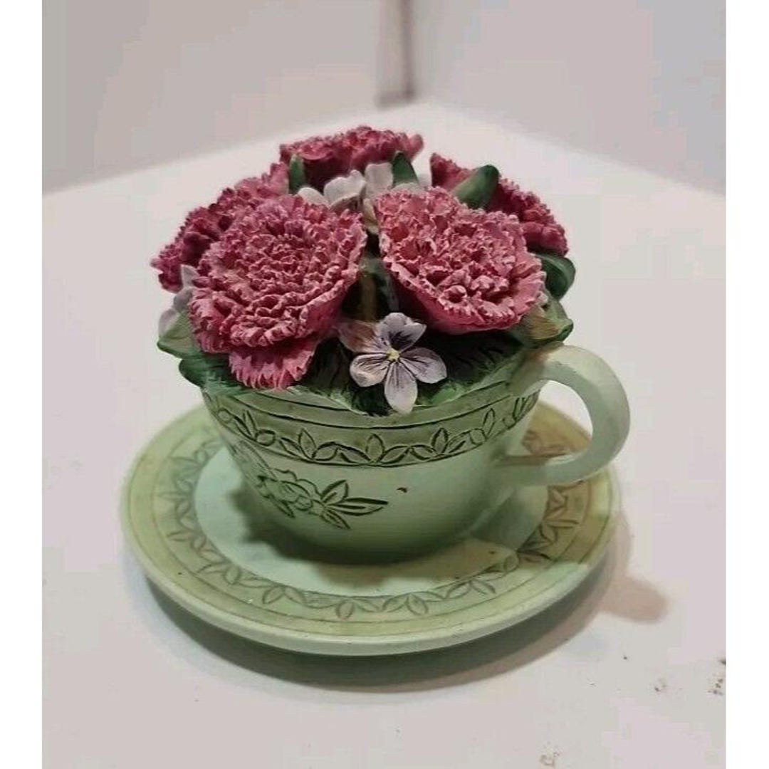 Vtg Avon Flower of the Month Green Teacup With Pink Carnations Figurine ...