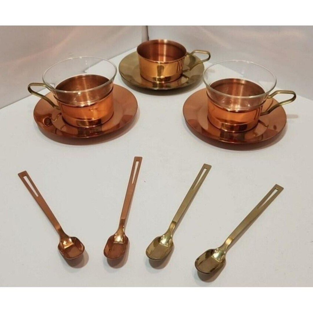 Vtg Beucler Solid Brass, Copper & Glass Tea/coffee Cup W/ 4 Saucers and ...