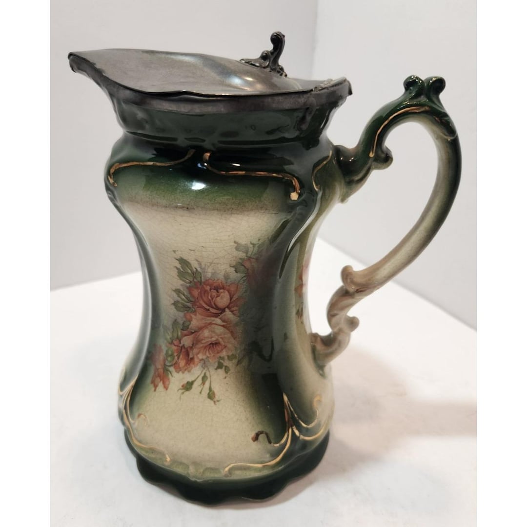 Antique English Floral Pitcher With Pewter Lid Cream & Green W/gold ...