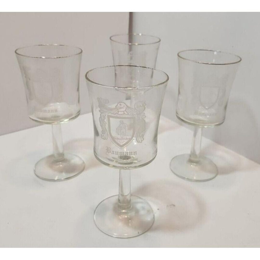 Vintage Etched Wine Glasses: Baumann Family Crest, Gold Trim, Set of 4 ...