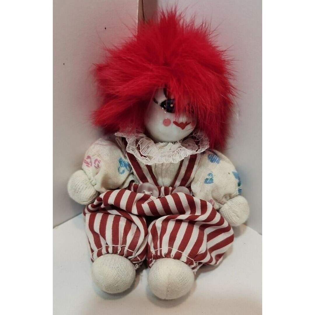 Vtg Clown Sand Doll W/red Hair Porcelain Face Red & White Striped ...
