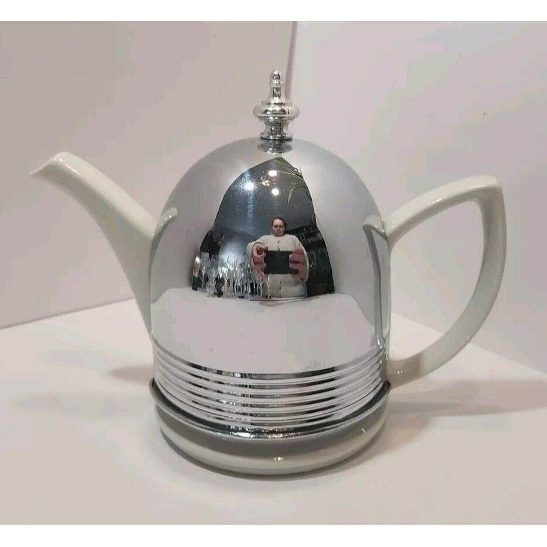 Vintage MCM Hall White Teapot With Insulated Chrome Aluminum Cover ...