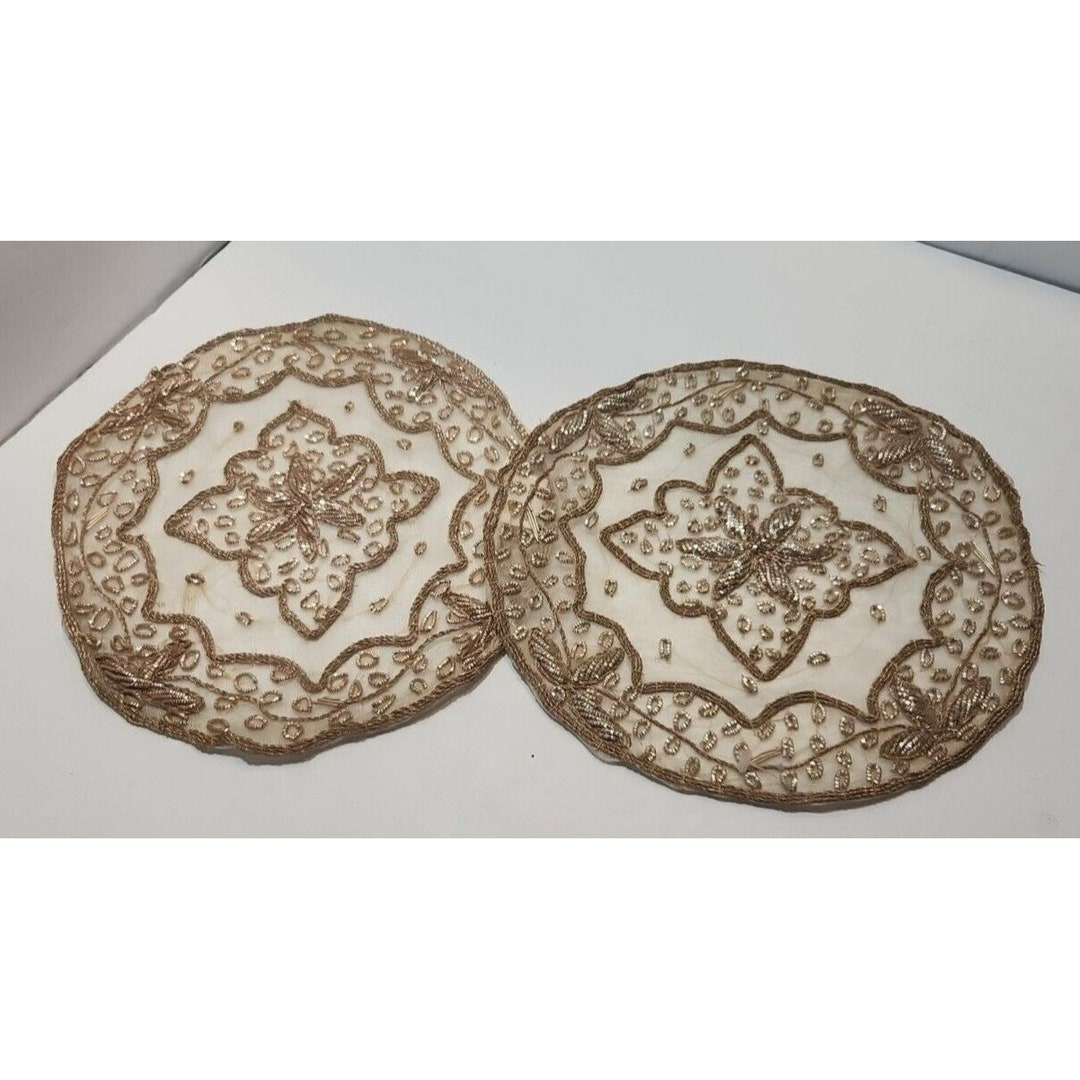 Set of 2 Vtg Sheer Gold Beaded Embroidered Dollies/wedding Decor/dry ...