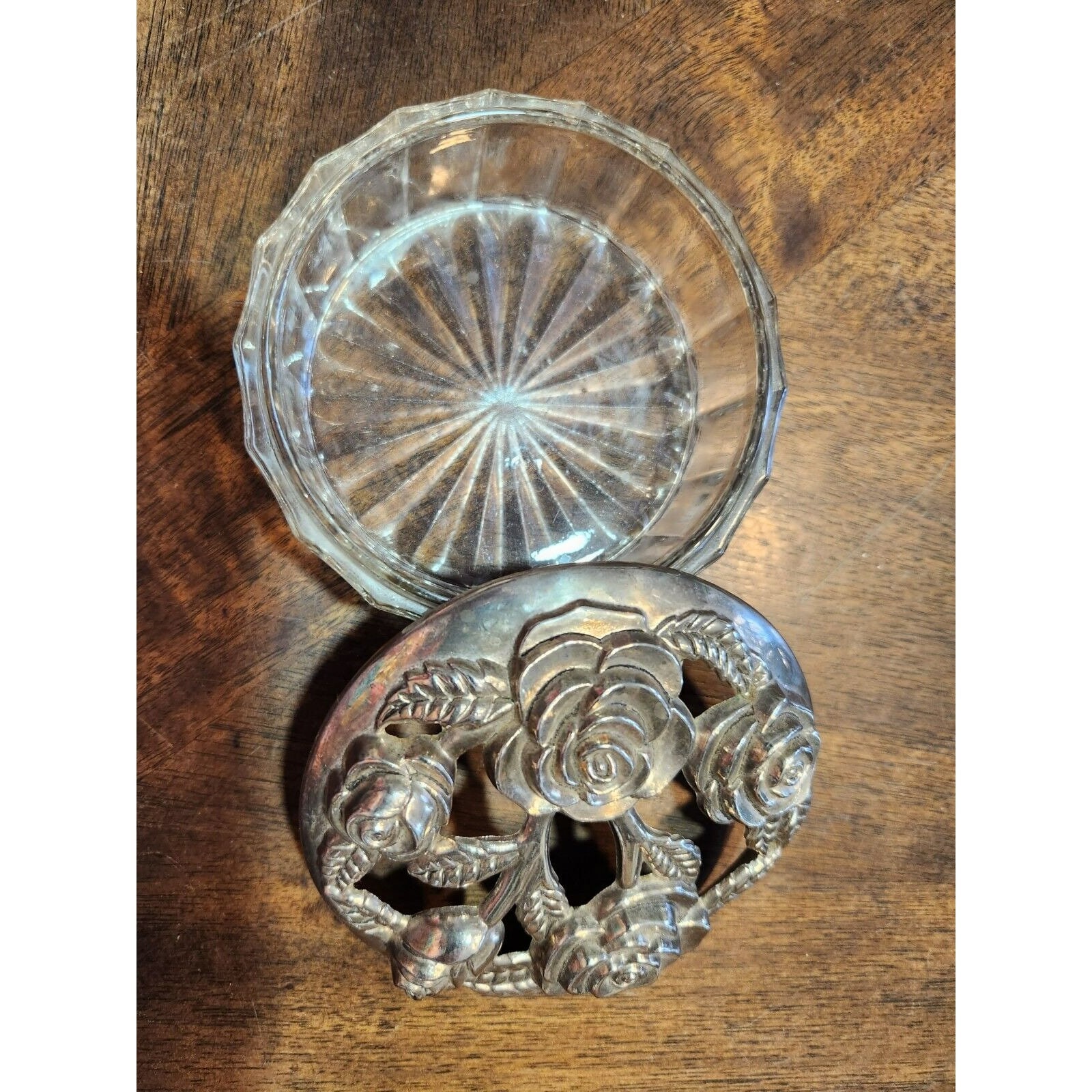 Vintage Godinger Silver-plated Cutout Roses Crystal Bottom Trinket Box ...