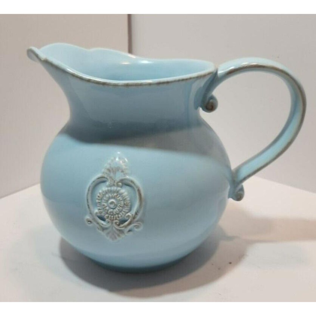 Harry and David Ceramic Blue Pitcher W/ Raised Flower on Front Country ...