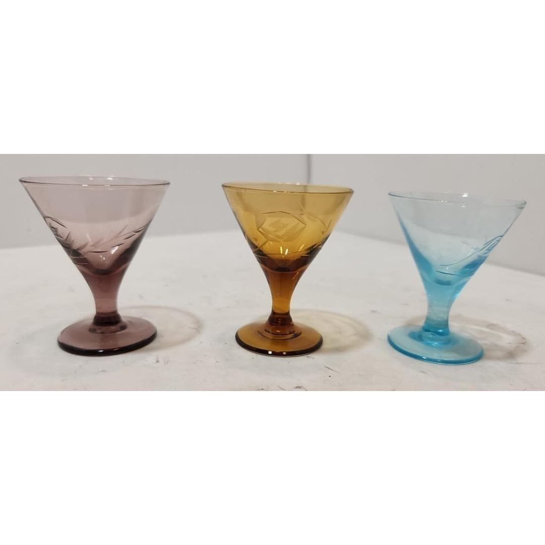 Vtg Mid Century Modern Mini Etched Cordial Glasses Set of 3 Purple Blue ...