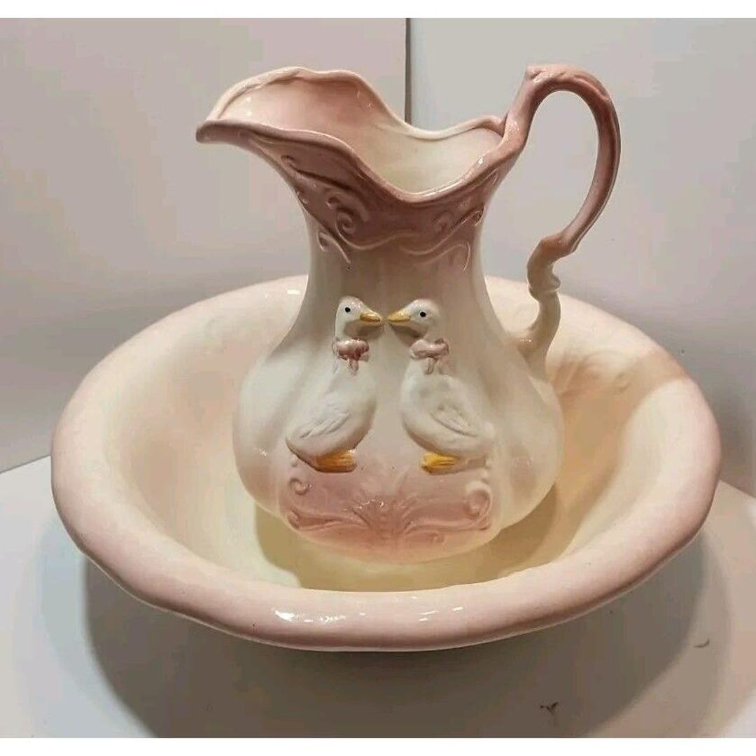 Antique Large Pitcher Wash Basin Set White and Pink Geese/ducks - Etsy