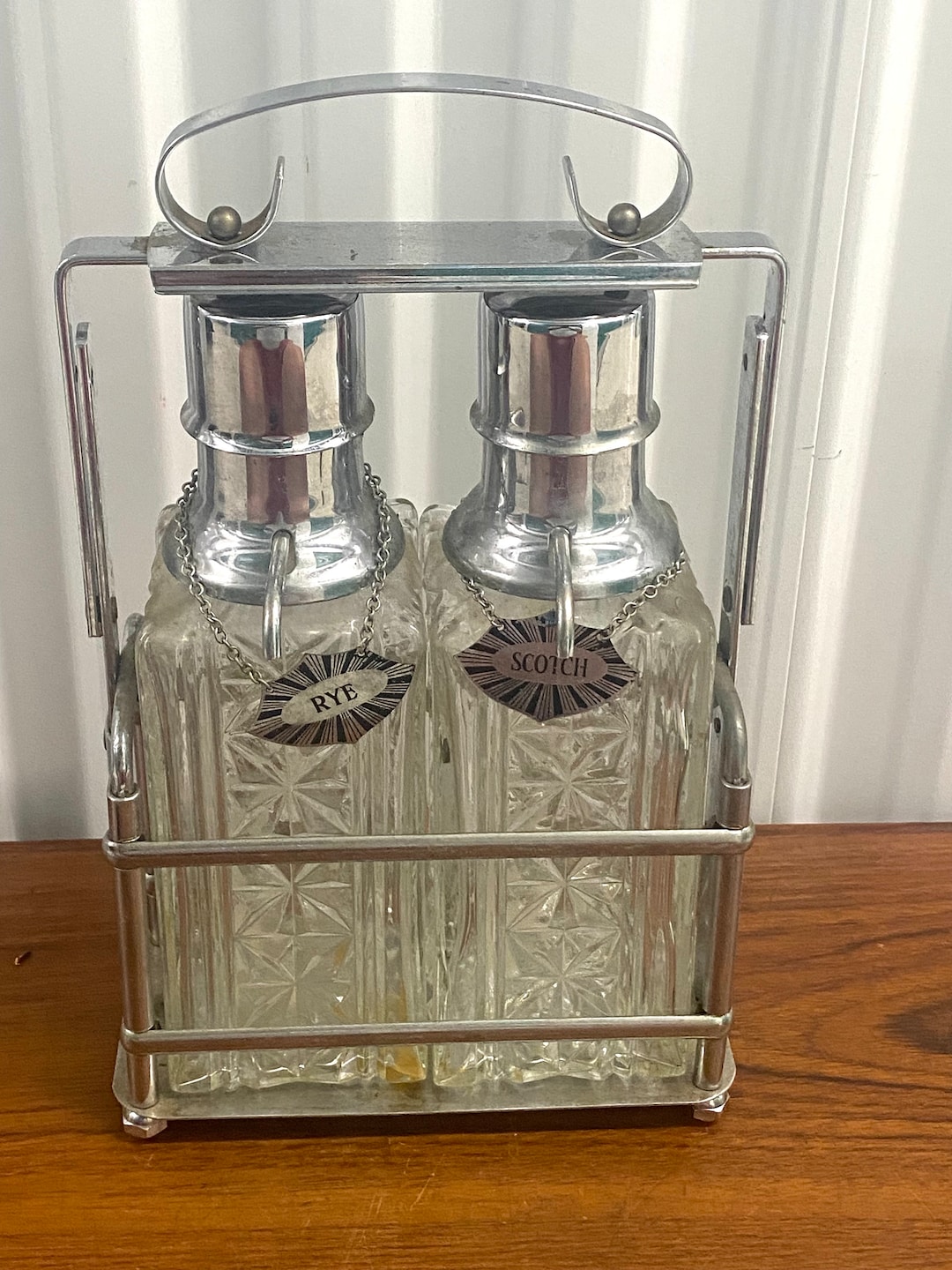 Vintage Mid Century Whiskey Rye Glass Decanters W/ Chrome Metal Case - Etsy