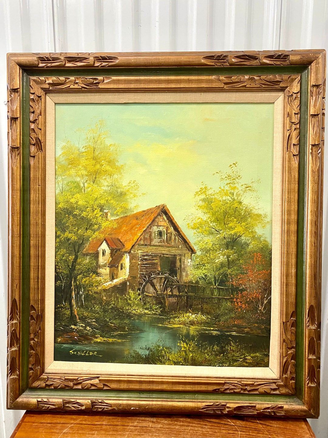 Vintage Listed Artist Schiller Oil Painting Landscape Framed in Carved ...