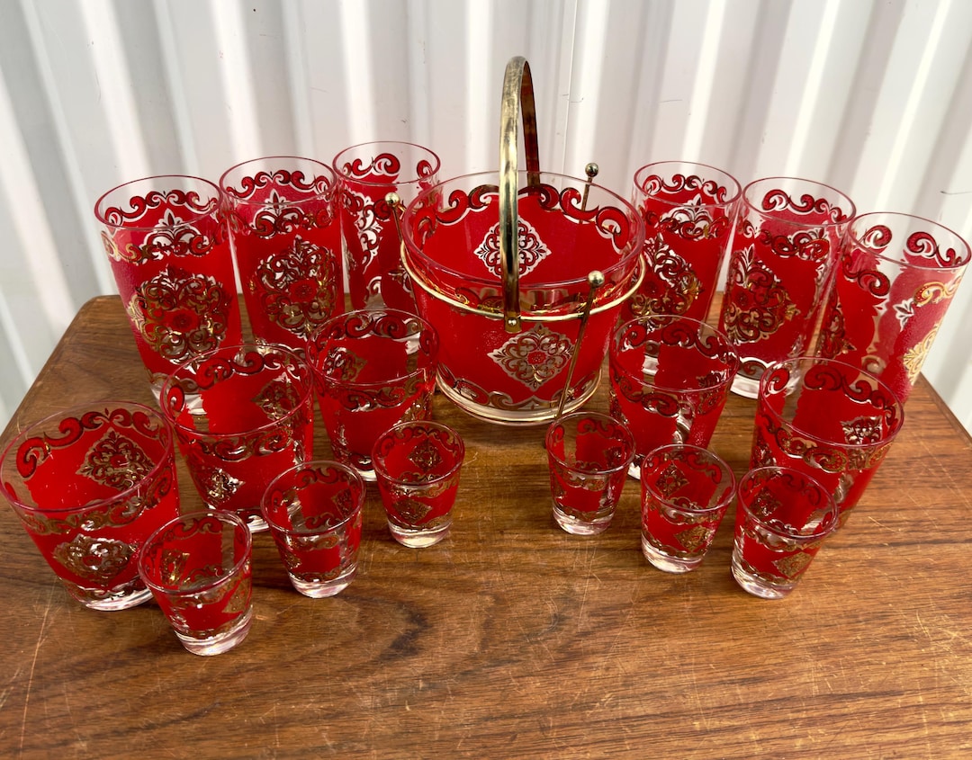 Mid Century Starlyte Red Gold Glasses Set & Ice Bucket Hi Ball Rock ...