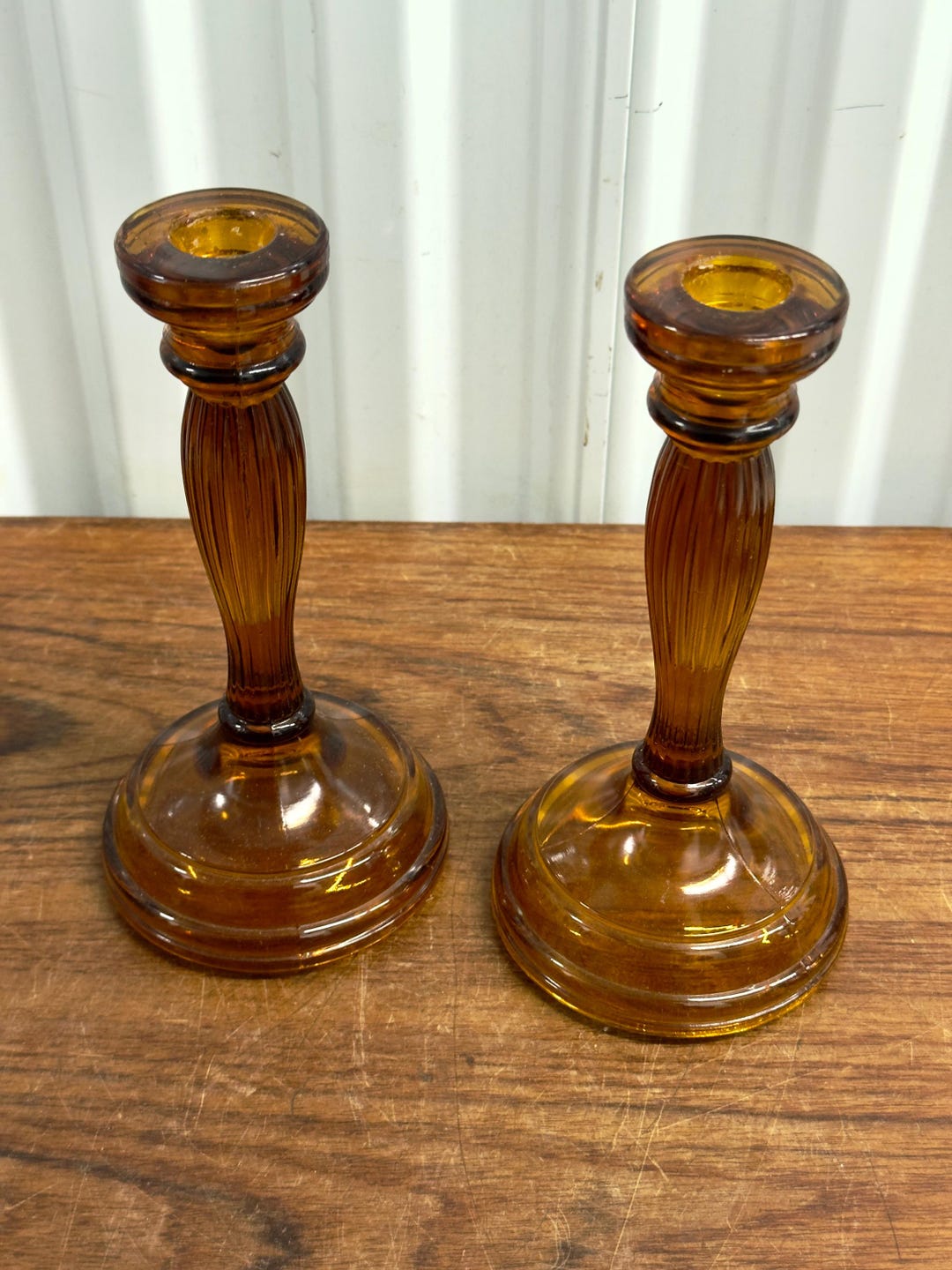 Vintage Depression Glass Amber Candlestick Holders - Etsy