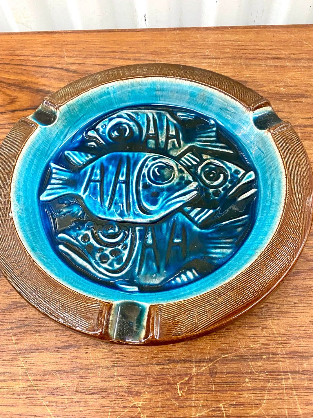 Mid Century Norwegian Pottery Ashtray Blue Brown Fish Marked HHC AAF ...