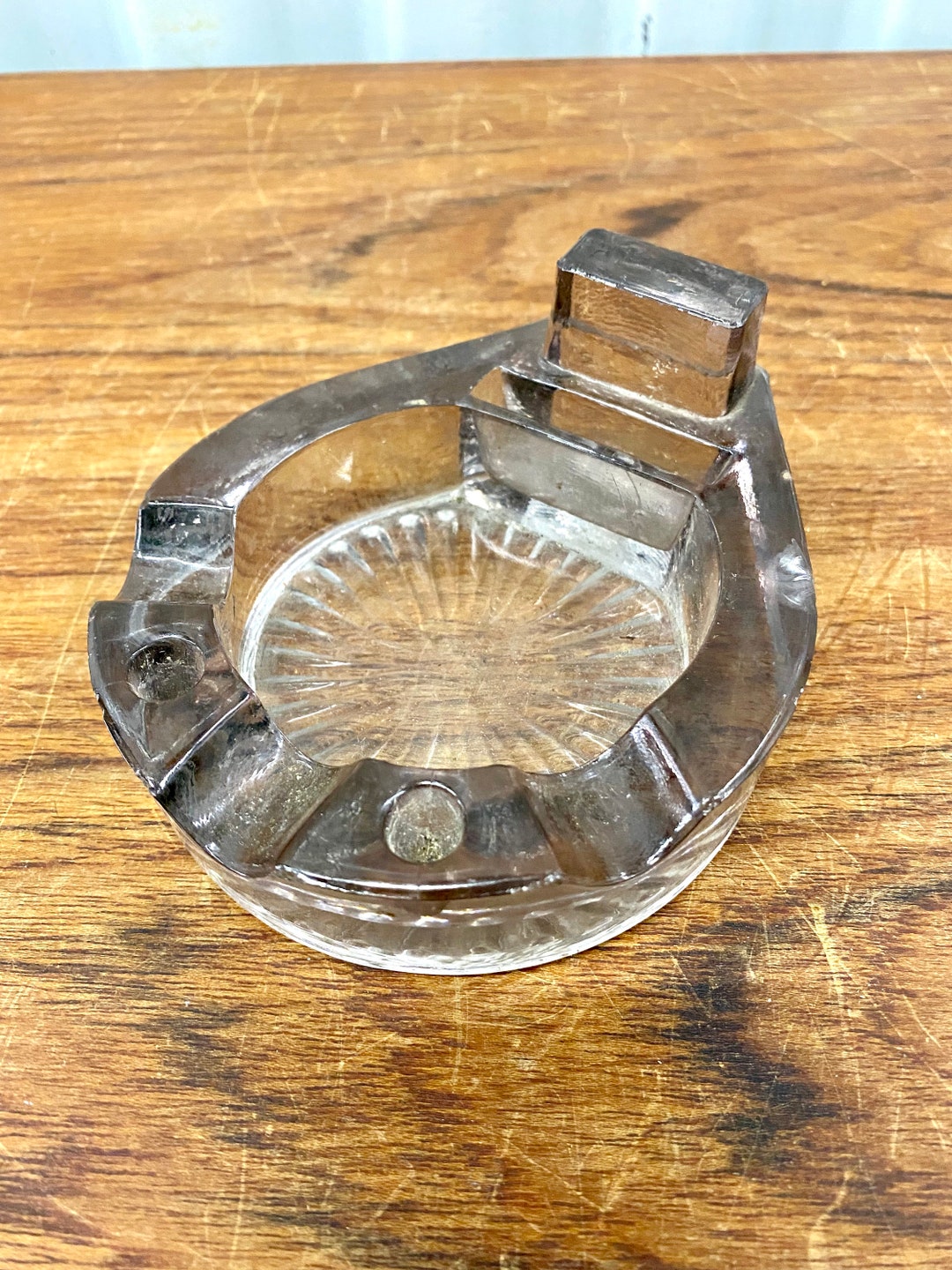 Vintage Mid Century Clear Crystal Cut Heavy Glass Ashtray W/ Matchbook ...