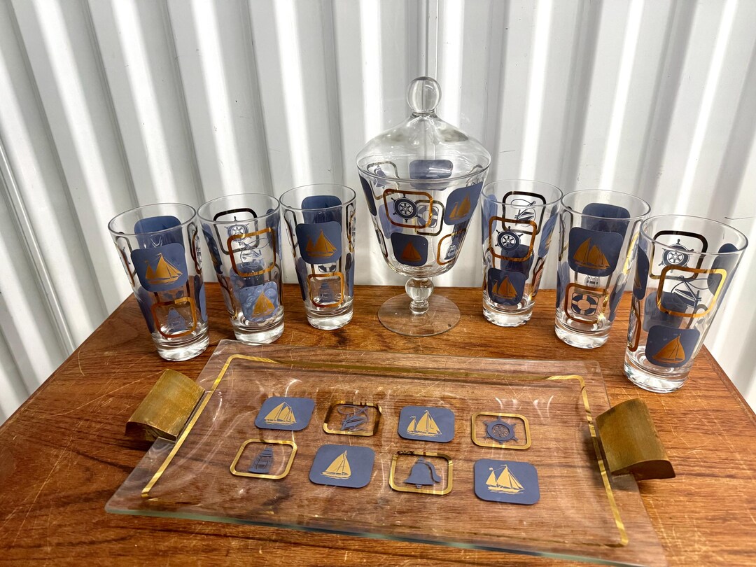 Vintage Mid Century Nautical Sailing Cocktail Set Glasses Tray & Ice ...