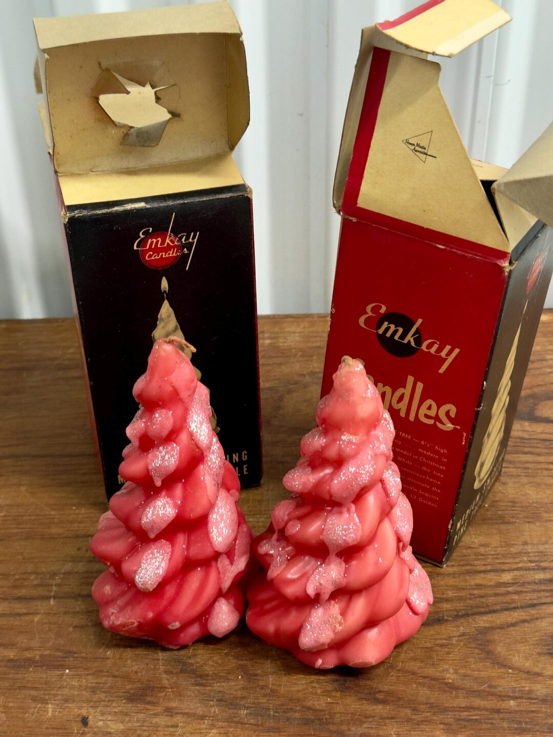 Two Vintage 1950s Emkay Xmas Tree Candles in Orginal Box Red Silver ...