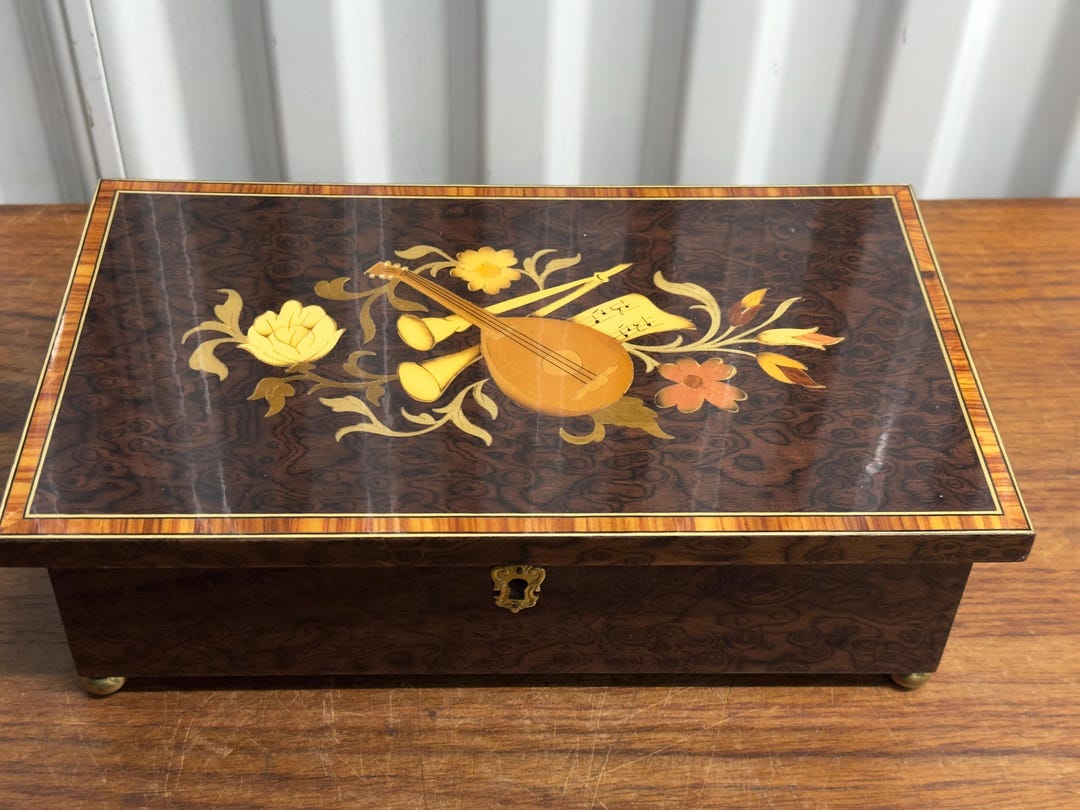 Vintage Italian Marquetry Floral Inlay Reuge Musical Jewelry Box Swiss ...