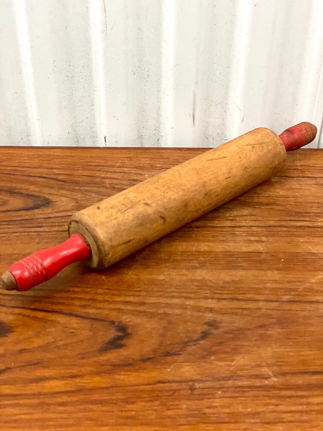 Vintage Wooden Rolling Pin W/ Red Handles Farmhouse Kitchen Decor - Etsy