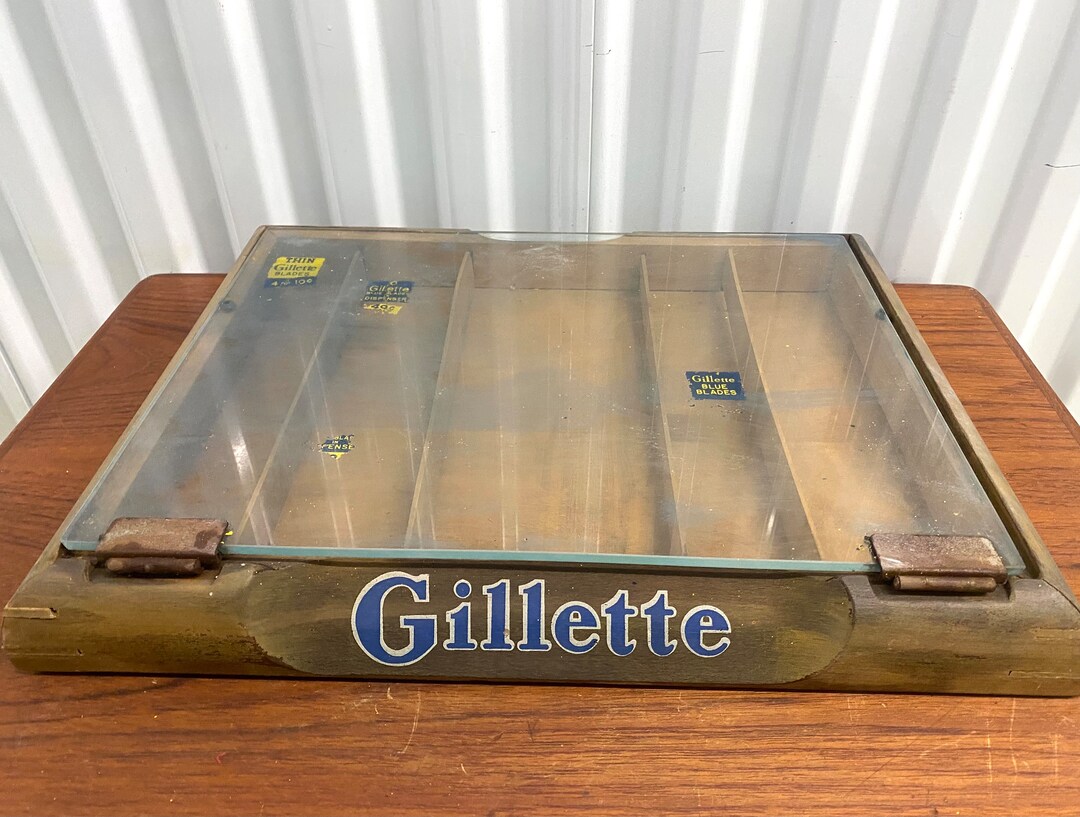 Vintage 1950s Gillette Razor Blade Wood Glass Counter Top - Etsy