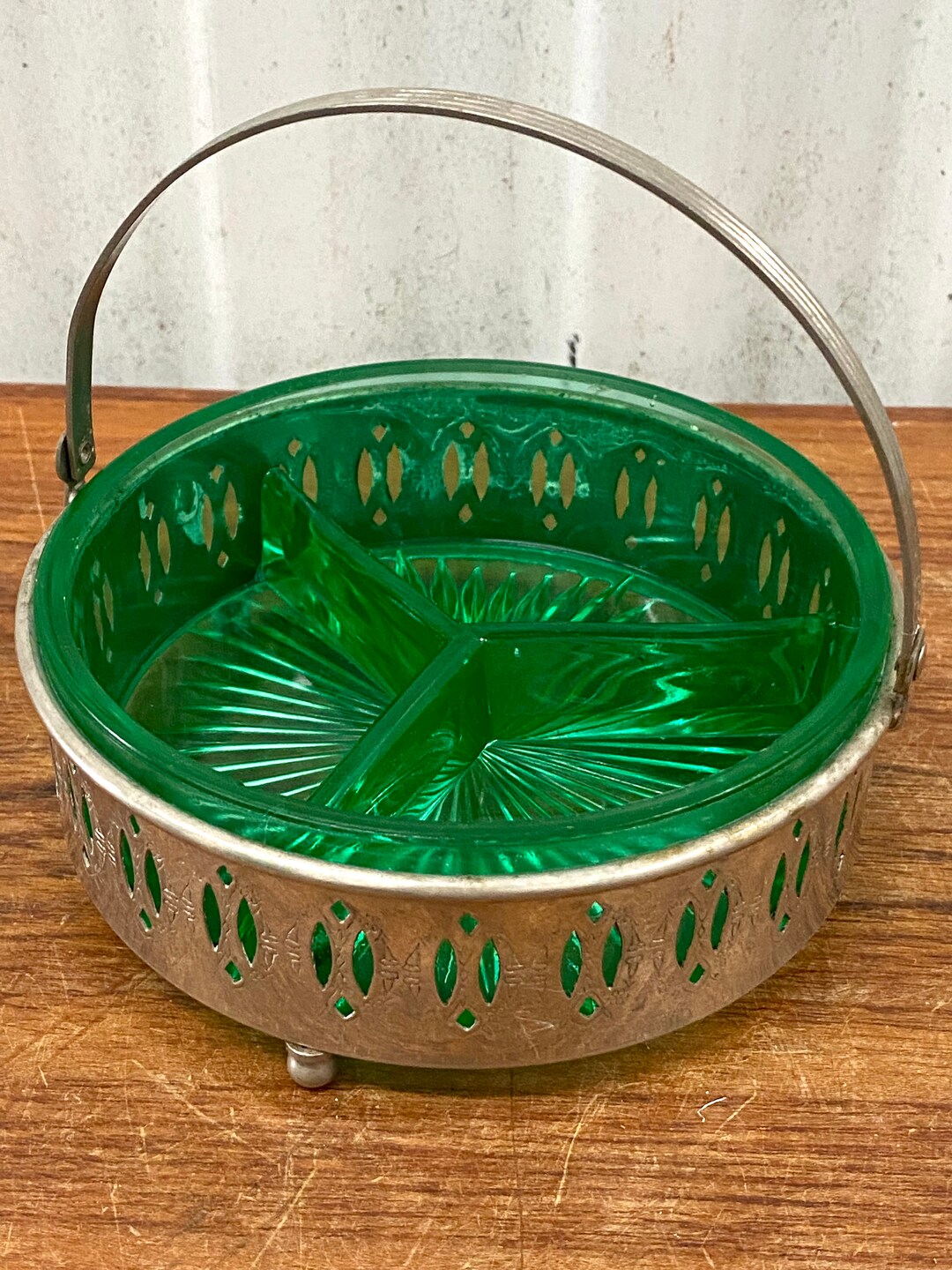 Vintage Green Depression Glass Divided Serving Dish Chrome Metal Holder ...