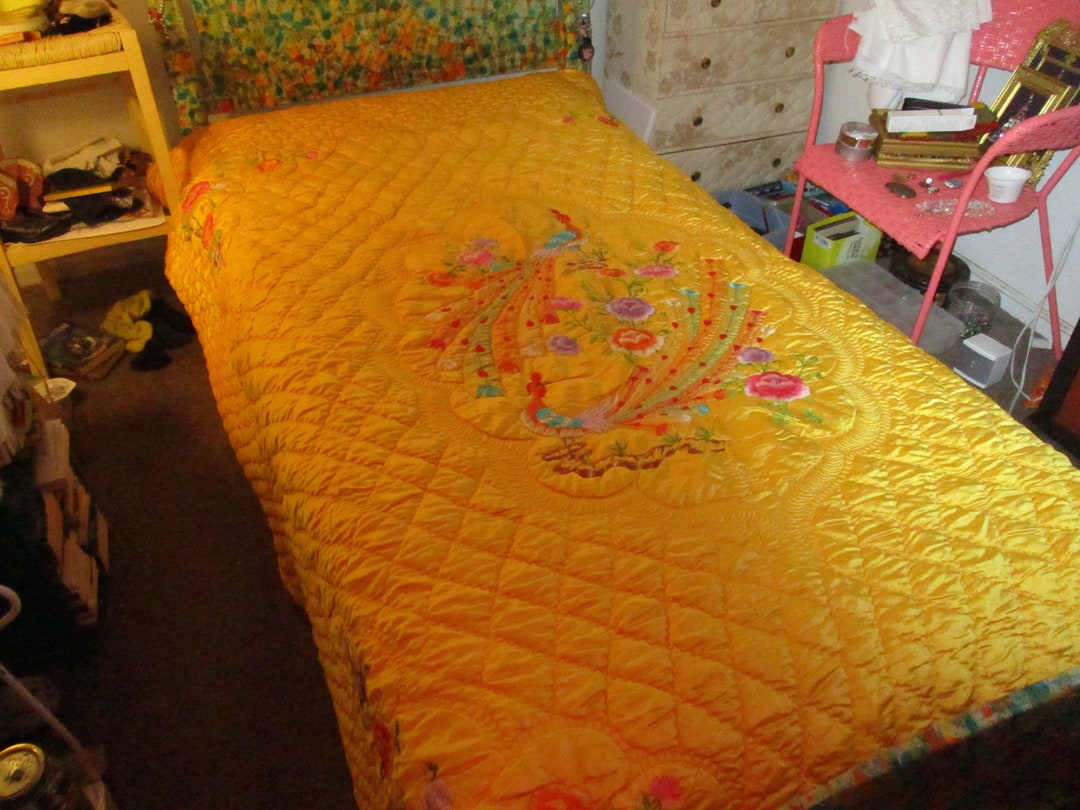 Vintage Bed Spread, Yellow Satin With Embroidered Pea Cocks 82 X 98. - Etsy