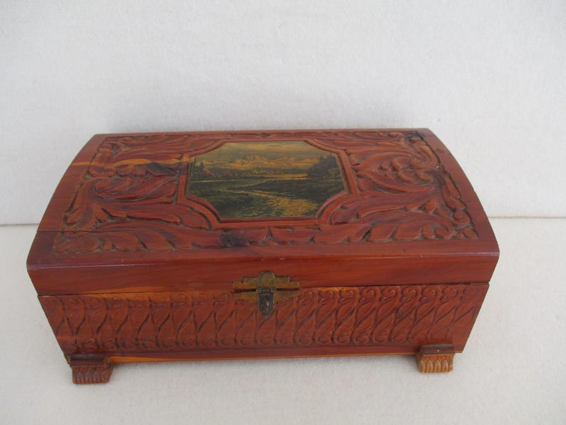OLD ANTIQUE, Jewelry Box, Wooden, With Picture on Top - Etsy