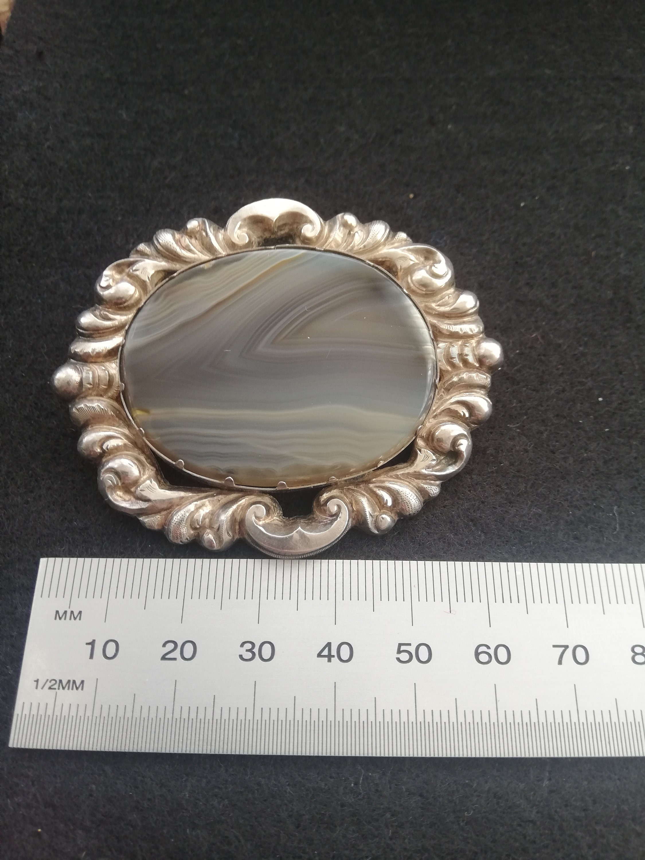 Statement Vintage Banded Agate Brooch in Unmarked White Metal Frame ...
