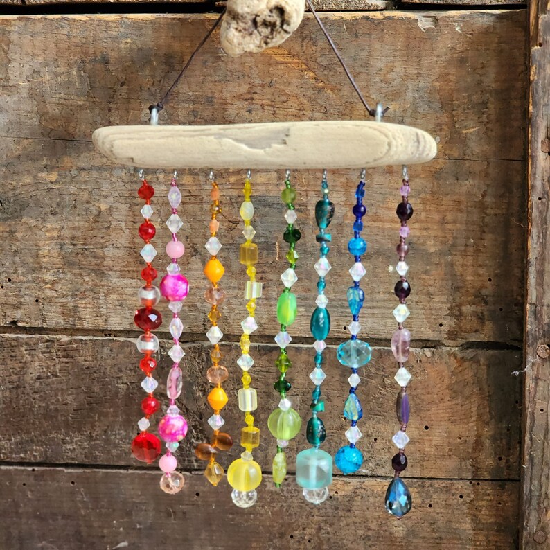 Handmade Wisconsin Driftwood Beaded Suncatcher Beautiful Rainbow Colors ...