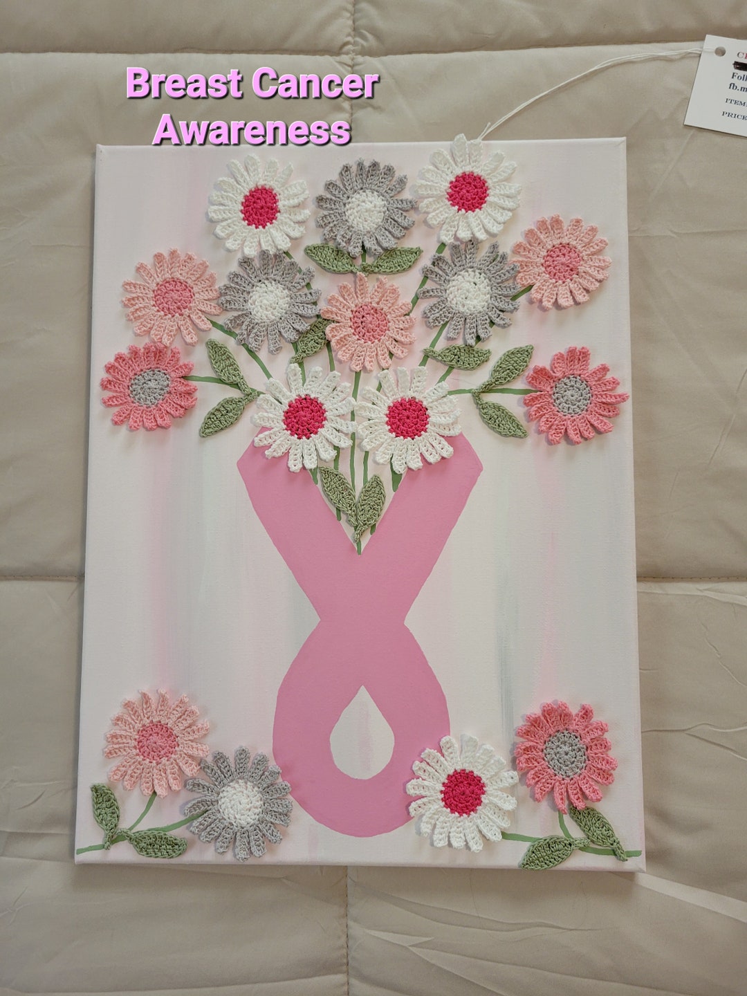 Painting "breast Cancer Bouquet" 12" X 16" With Crocheted Flowers ...