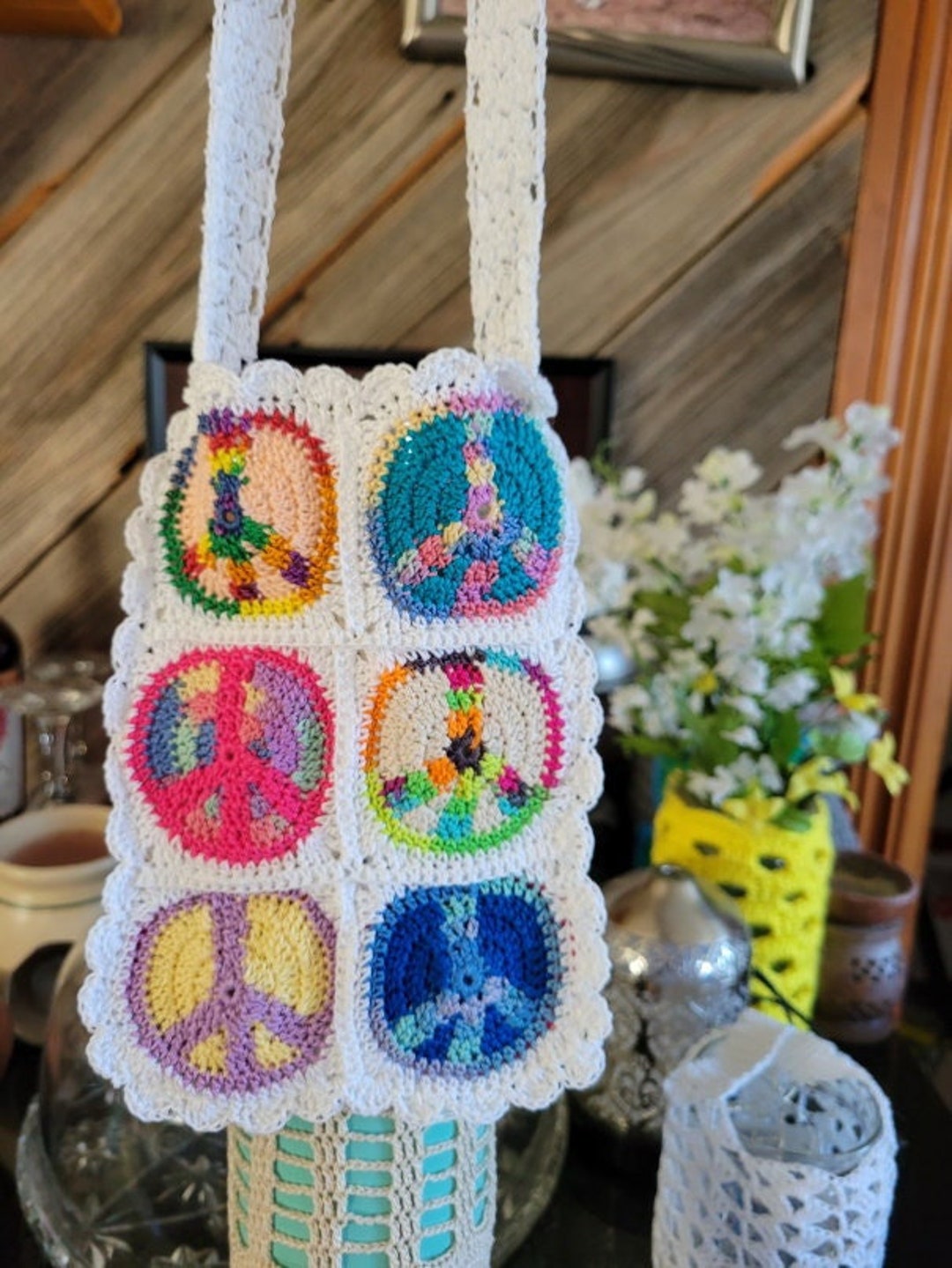 Peace Sign Cellphone Purse and Bottle Holder Thread Crocheted Ppdf ...
