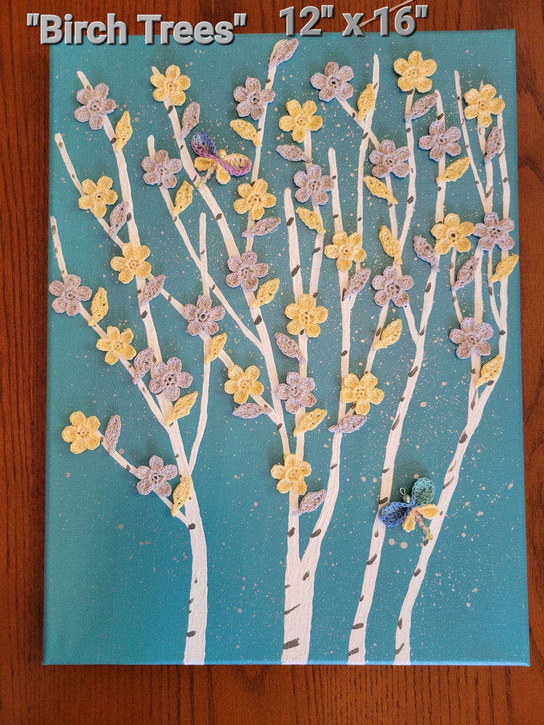 Painting "birch Trees" 12" X 16" With Crocheted Flowers. Ready to Hang ...