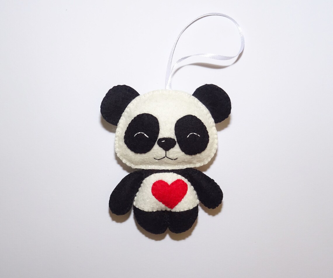 Panda Ornament, Wool Felt Panda, Panda Bear, Panda With Heart, Handmade ...