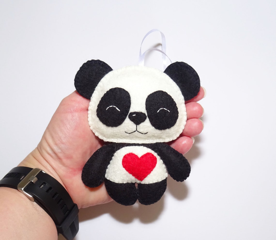 Panda Ornament, Wool Felt Panda, Panda Bear, Panda With Heart, Handmade ...