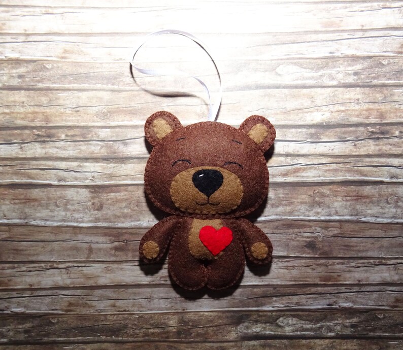 Bear Ornament Wool Felt Bear Bear With Heart Brown Bear - Etsy