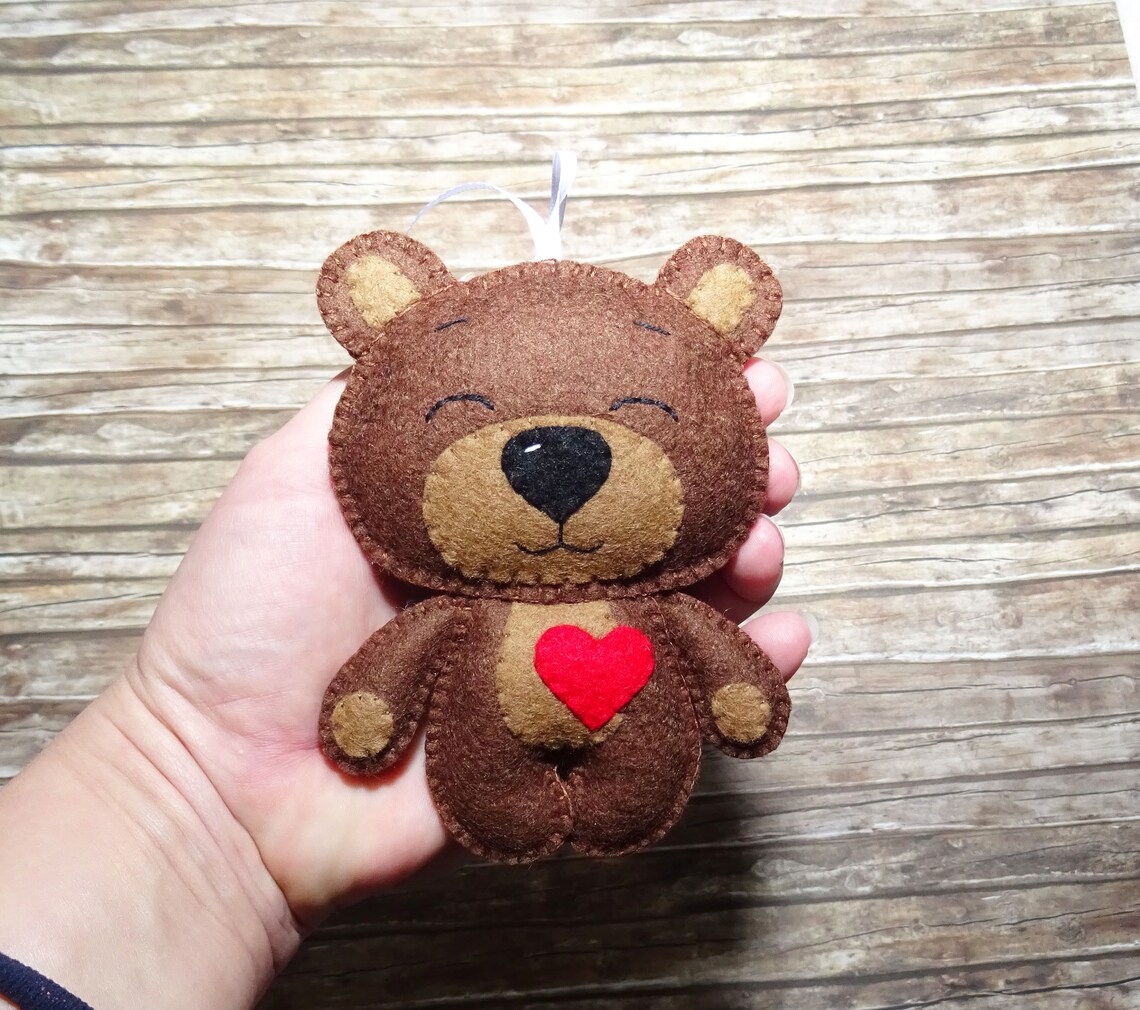 Bear Ornament Wool Felt Bear Bear With Heart Brown Bear - Etsy
