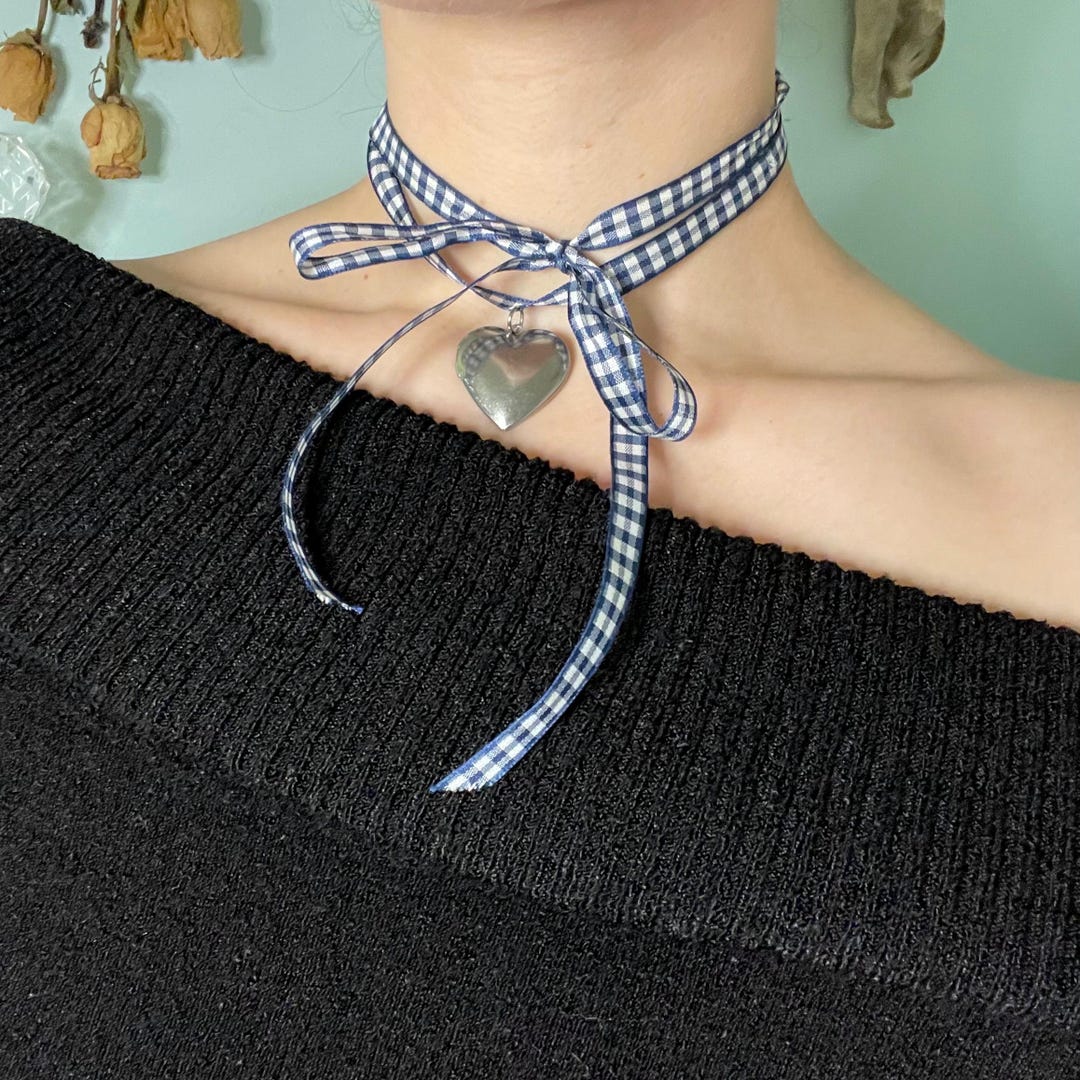 Blue Gingham Ribbon Tie-around Necklace W/ Heart Locket - Etsy