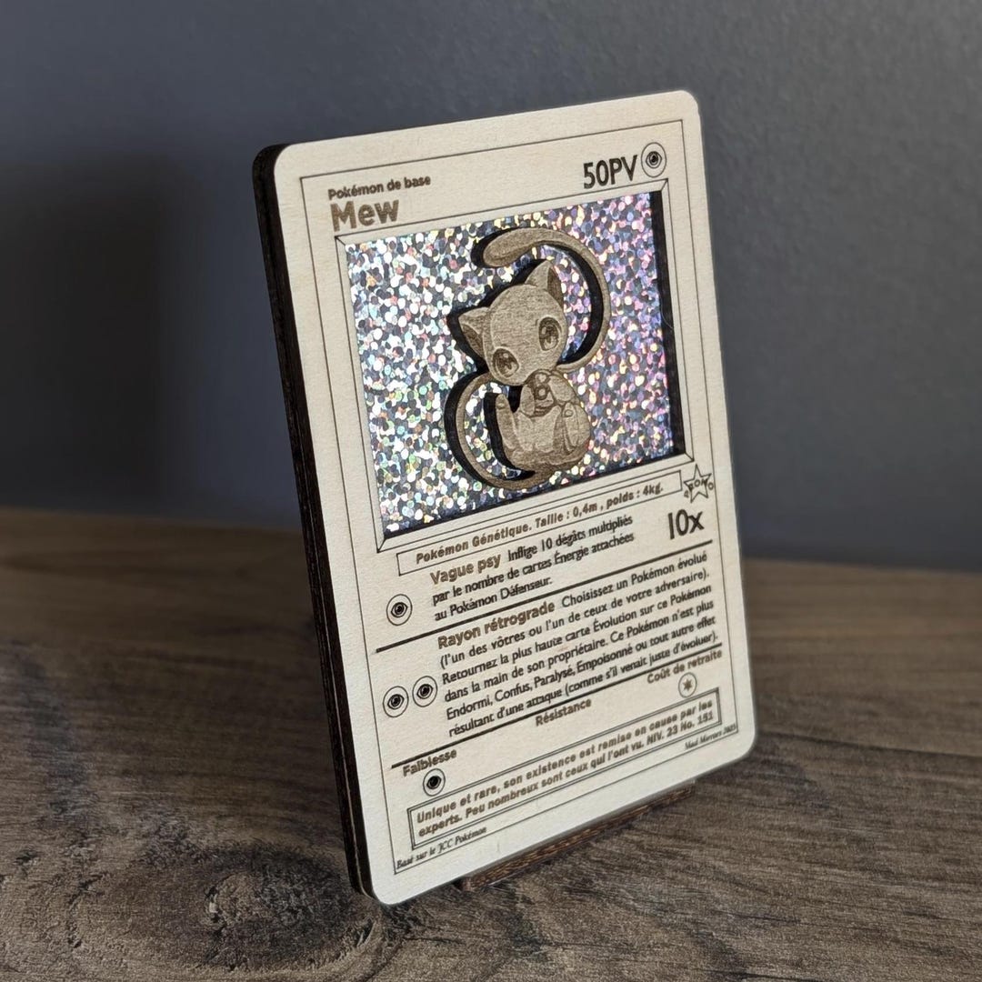 Holographic Wood Mew Pokémon Card - Kawaii Nintendo Fan Geek Gift ...