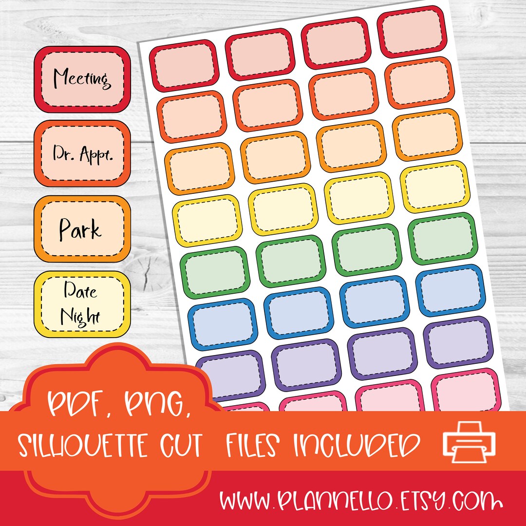 Doodle Stitched Half Box, Printable Planner Stickers, Bright, Rainbow ...