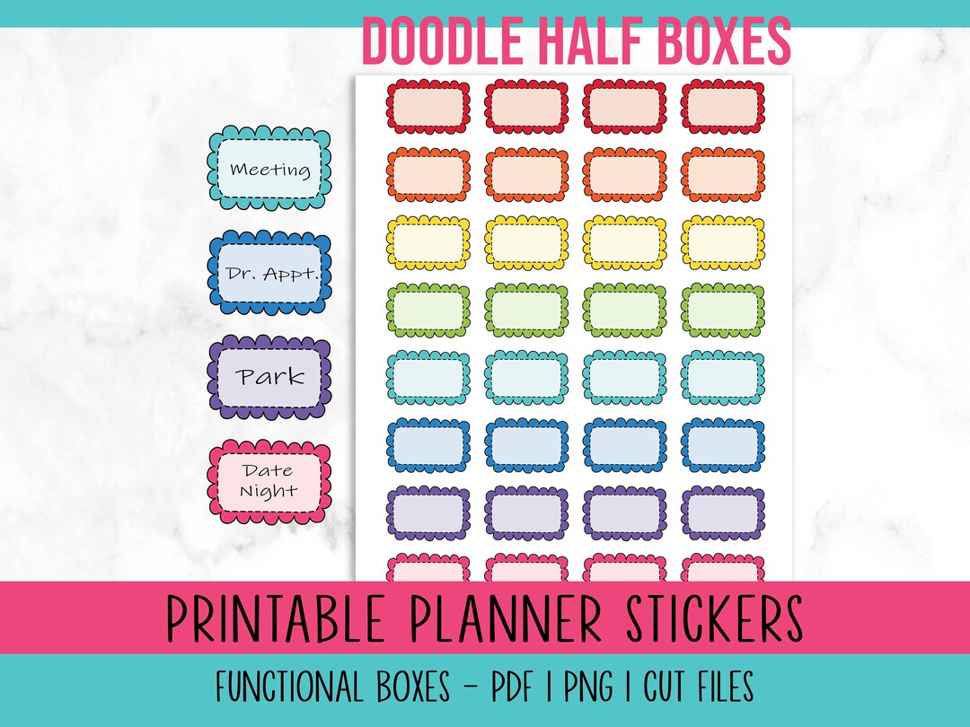 Half Box, Doodle Half Box, Printable Planner Stickers, Bright, Rainbow ...