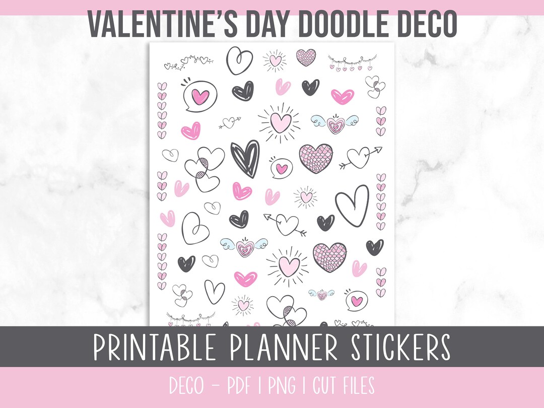 Valentine's Day Deco Printable Planner Stickers, Heart Doodle Stickers ...