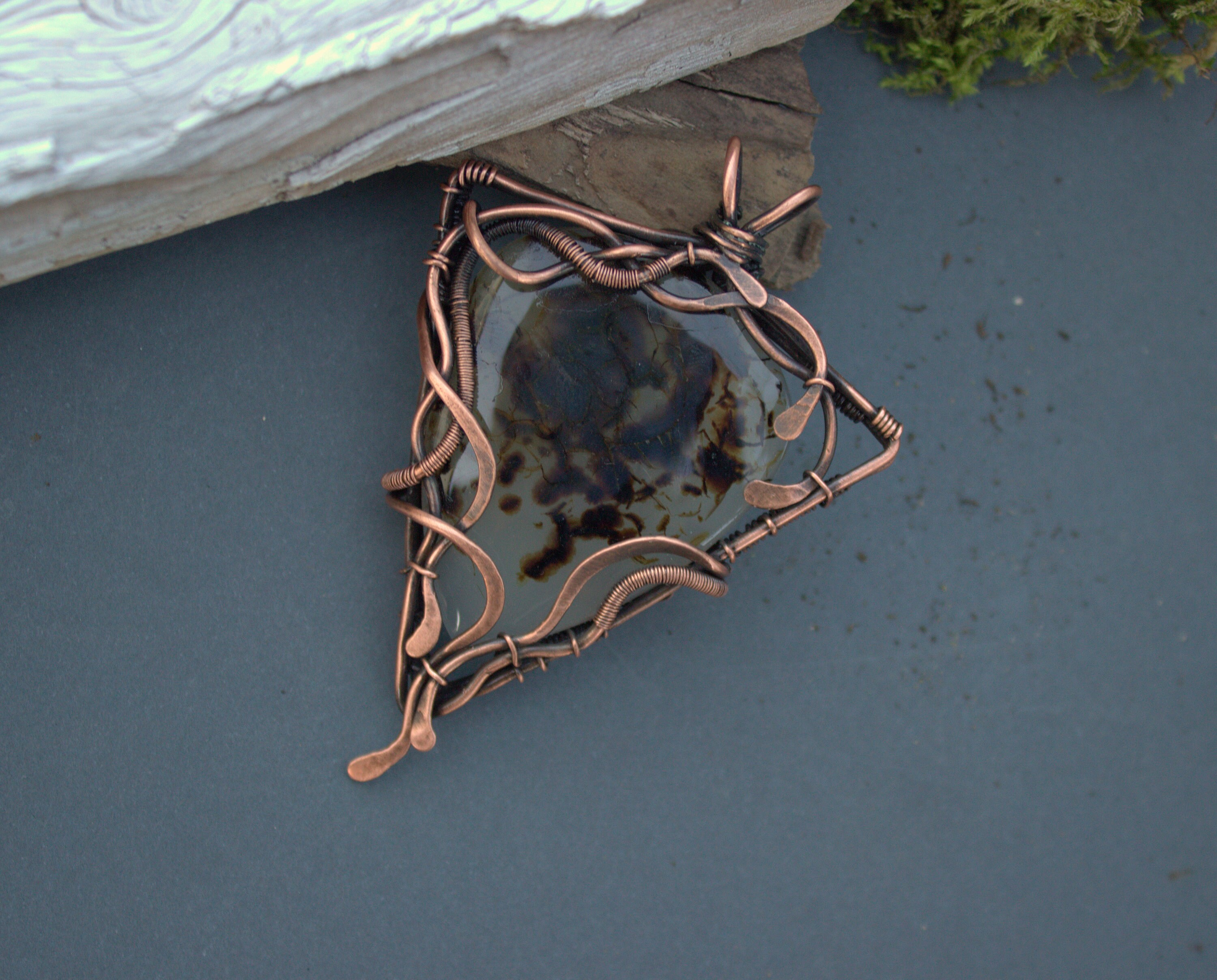 Triangle Wire Wrapped pendant with Montana Agate stone Copper | Etsy