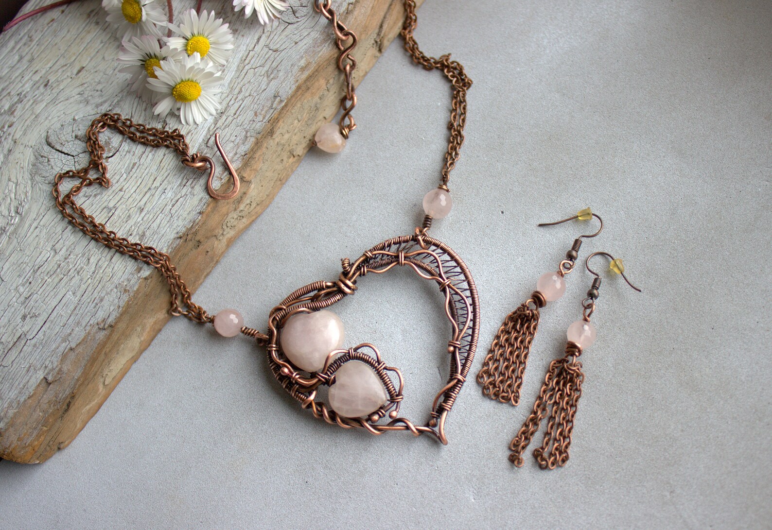 Heart Rose Quartz Necklace Copper Wire Wrapped Necklace | Etsy