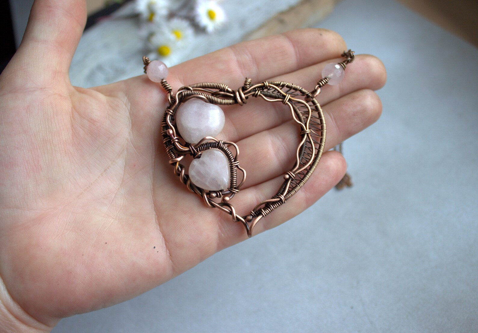 Heart Rose Quartz Necklace Copper Wire Wrapped Necklace | Etsy