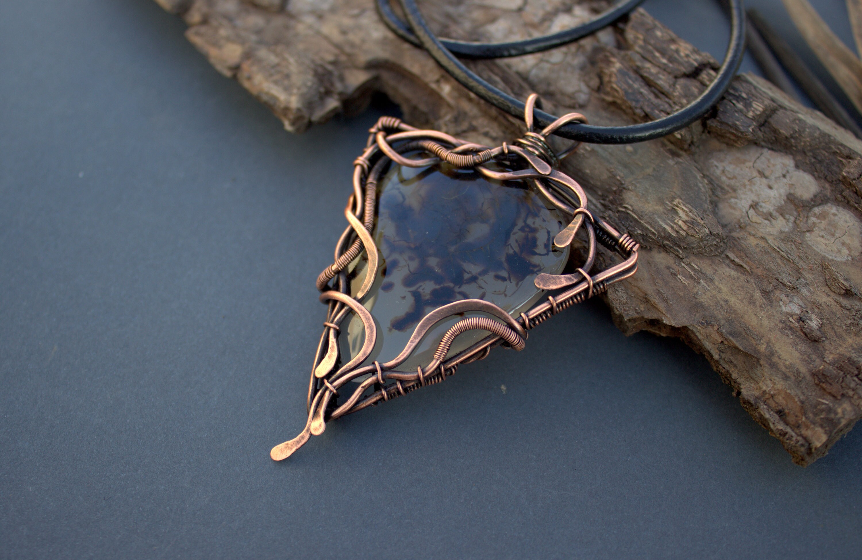 Triangle Wire Wrapped pendant with Montana Agate stone Copper | Etsy